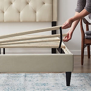 LUCID Upholstered Platform Bed Frame with Headboard– No Box Spring Needed – Queen Size – Pearl