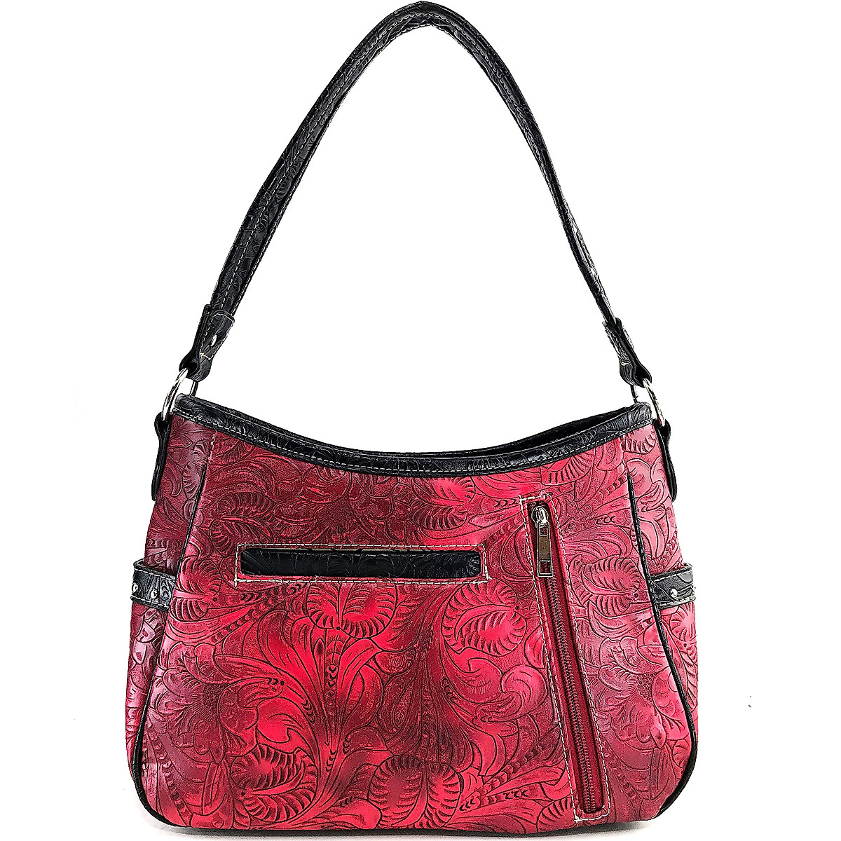 Floral Pu Tooled Leather Turquoise Concho Women Purse Crossbody Wallet Set Red