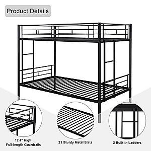 KIVENJAJA Bunk Bed Twin Over Twin Size, Metal Twin Bunk Bed Frame with Safety Guardrail & 2 Ladders, Space-Saving, No Box Spring Needed (Black)