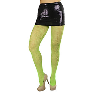 ToBeInStyle Womens Spandex Seamless Glittery Fishnet Pantyhose Tights Hosiery - Neon Green With Silver Glitter - One Size: Regular