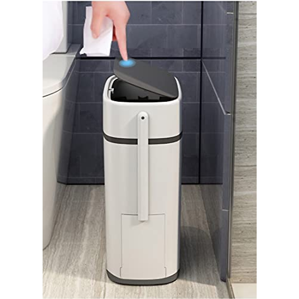 KLGO 14 Liter Slim Plastic Trash Can with Lid,3.7 Gallon Double Barrel Waste Basket,Rectangular Press Garbage Container Bin for Bathroom,Bedroom,Kitchen and Office,White