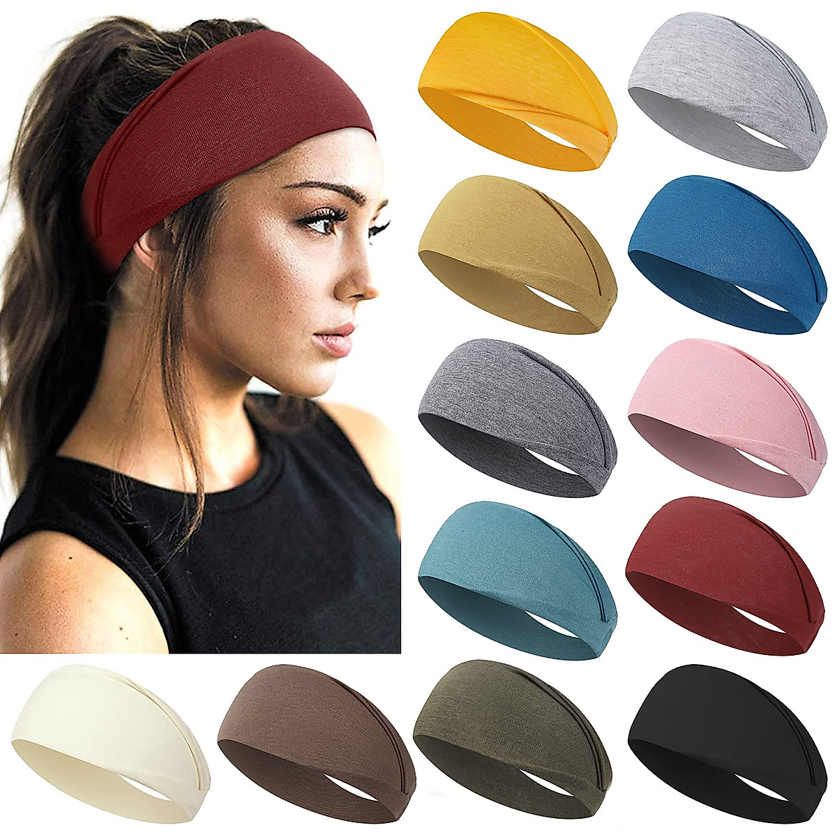 AKTVSHOW Headbands for Short Hair - Elastic Non-Slip Workout Sports Yoga Head Bands, Wide Thick Sweat Hair Wraps for Girls, 12 Pack