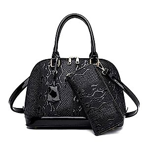 Patent Leather Handbag Crocodile Pattern Top Handle Purse Shell Bag Come with Wallet (Black)