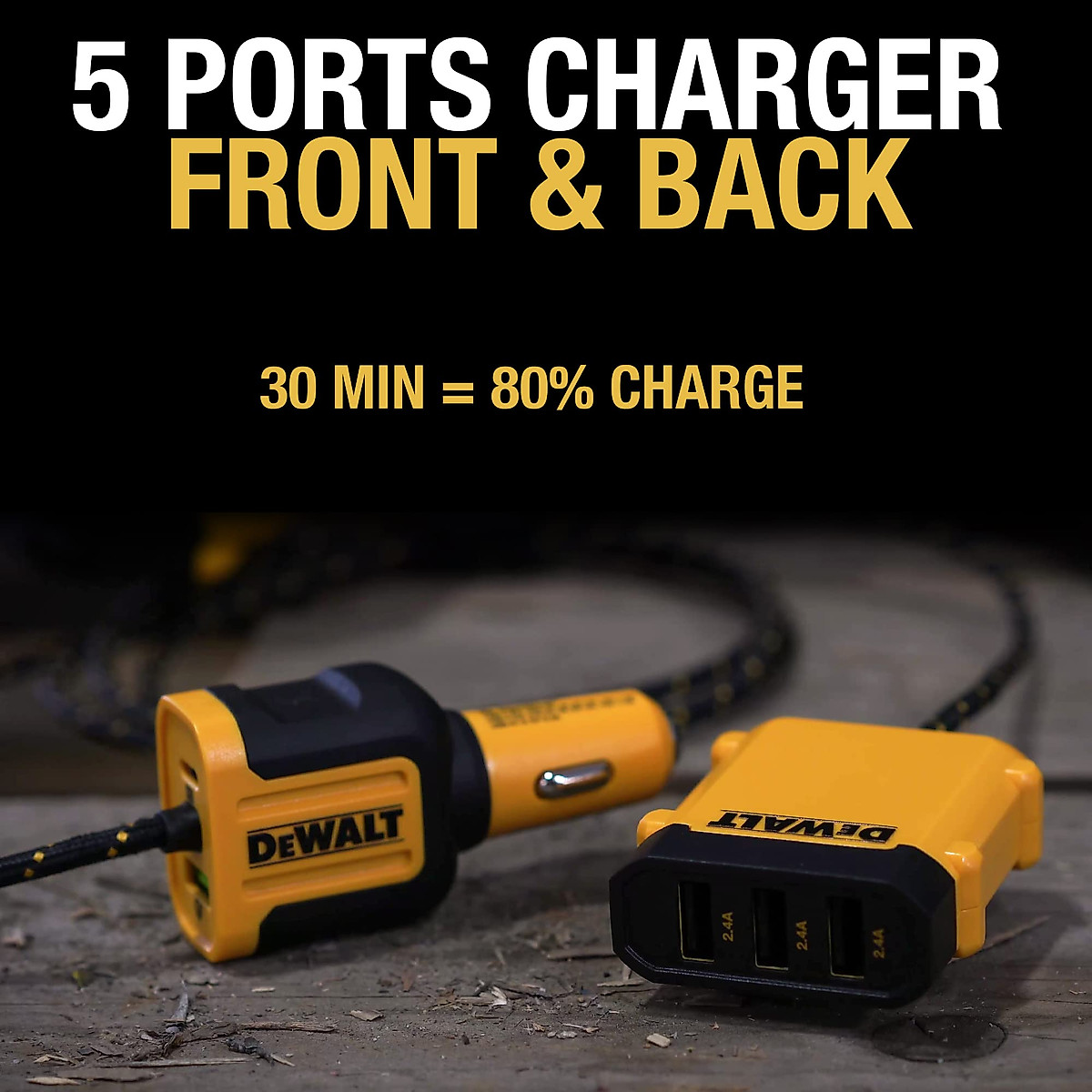 DEWALT 5-Port Front & Back Seat Mobile USB PD Car Charger, 72W Car Charger Adapter, USB Car Charger for Multiple Devices, Cigarette Lighter Adapter USB Charger with Cable for Back Seat Charging