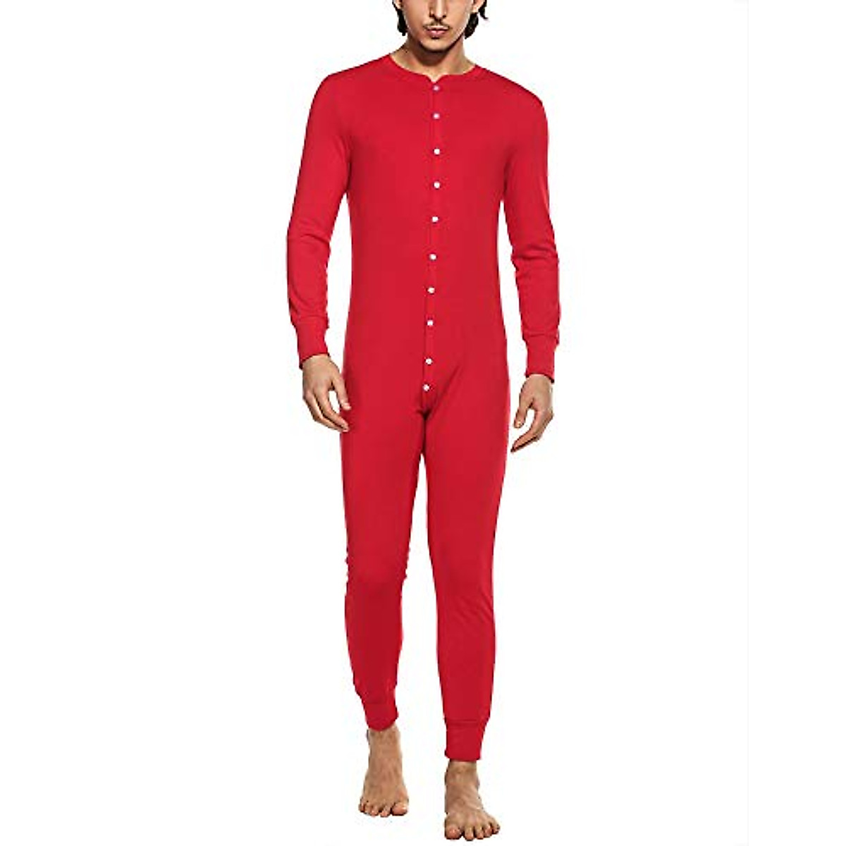 HOTOUCH Round Neck Long Sleeve Onesie Pajamas Solid Button Down Jumpsuit Bodysuit Red XL