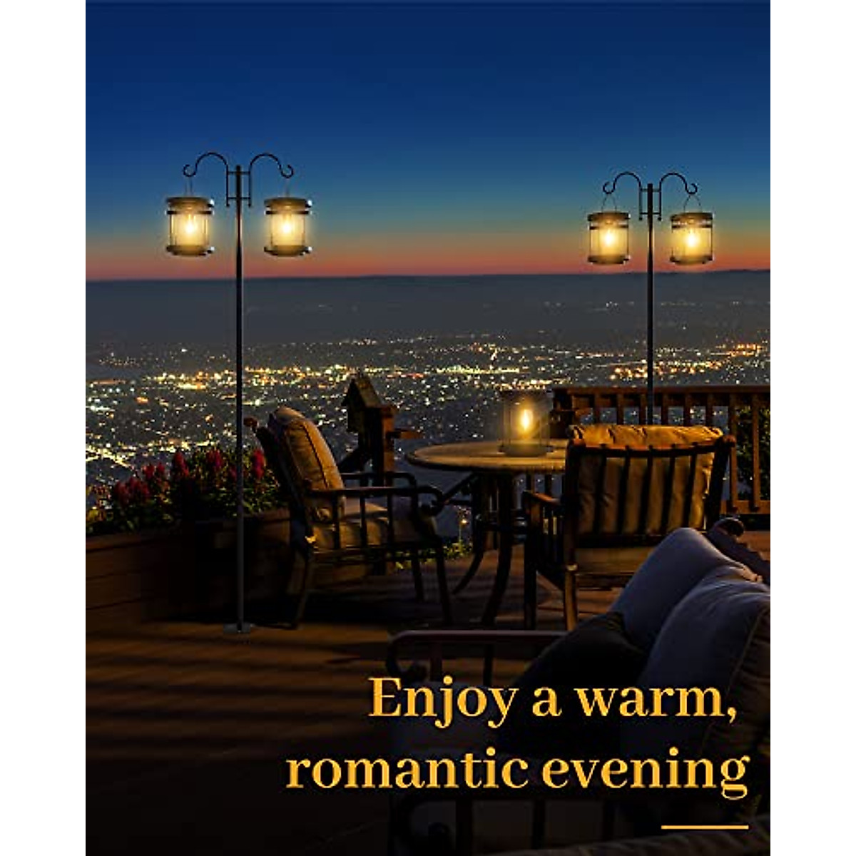 Solar Outdoor Floor Lamp with 2 Hanging Lanterns JACKYLED Solar Landscape Floor Lamp with Shepherd Hook Pole 61'' Tall, IP65 Waterproof Metal Solar Outdoor Lights for Garden Patio Porch Deck Yard Path