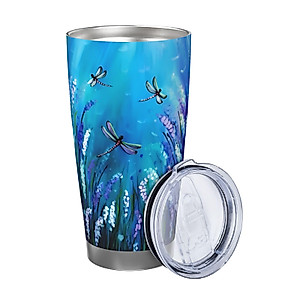 Purple flowers and cute dragonfly 20oz Tumbler Stainless Steel Vacuum Insulated Coffee Travel Mug, Durable Insulated Coffee Travel Mug with Splash-Proof Lid Metal Straw and Brush Thermal CupOutdoor