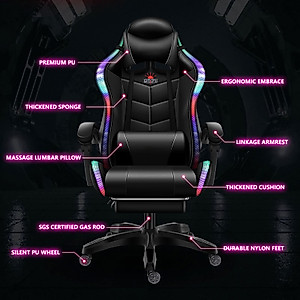 White Gaming Chair with LED Light, Ergonomic Pro Gaming Chair with Full Massage Lumbar Support, Bluetooth Speakers Computer Chair for Retractible Footrest and Backrest Adjustable,White