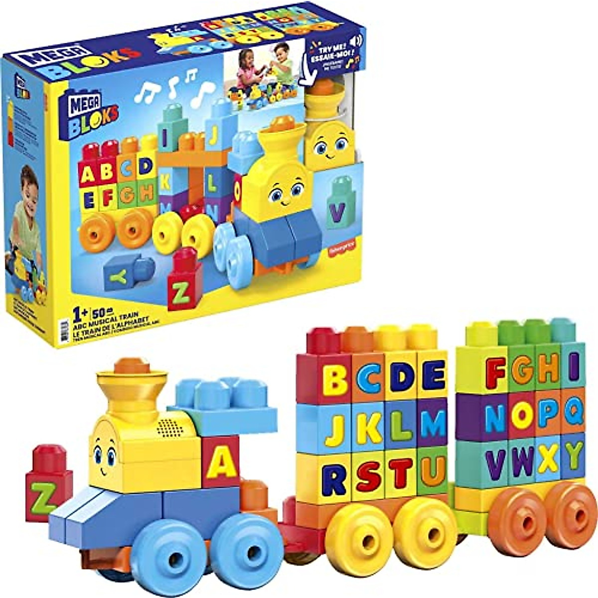 MEGA BLOKS Fisher-Price ABC Blocks Building Toy, ABC Musical Train with 50 Pieces, Music and Sounds for Toddlers, Gift Ideas for Kids Age 1+ Years