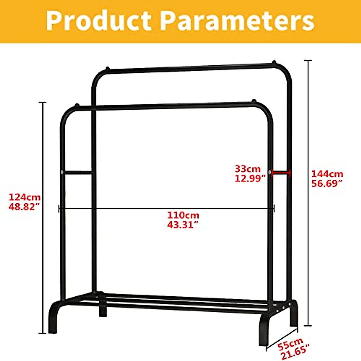 UDEAR Garment Rack, 43.3 Inches Freestanding Double Rod Clothing Racks for Hanging Clothes,Black