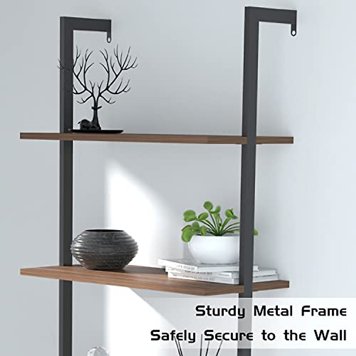 DREAMODERN Modern Bookshelf with Drawers, 4-Tier Open Bookcase Tall Wall Mount Ladder with Steel Frame -Brown