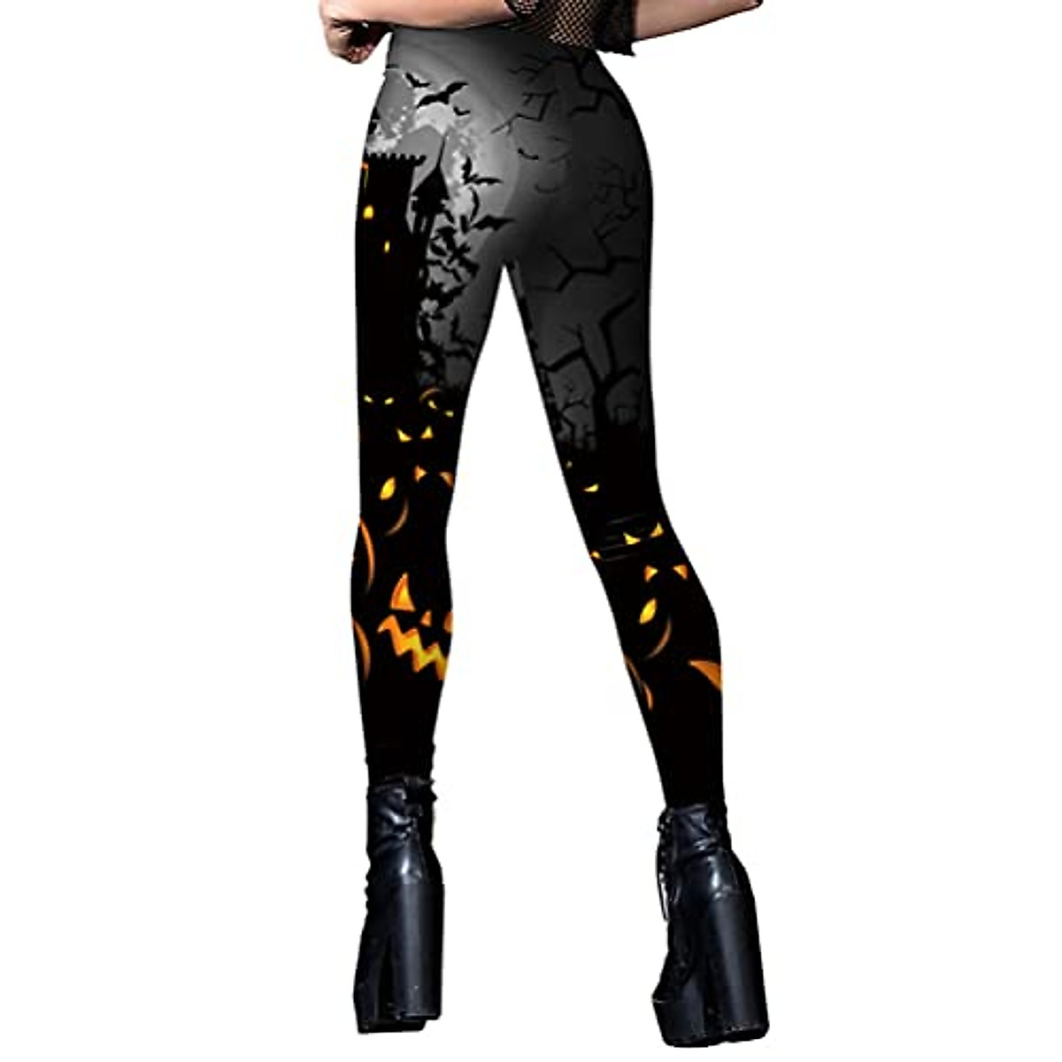 GLUDEAR Women's Halloween Pumpkin Head Print Ankle Length Seasonal Holiday Leggings Tights Workout,Bat Museum,M