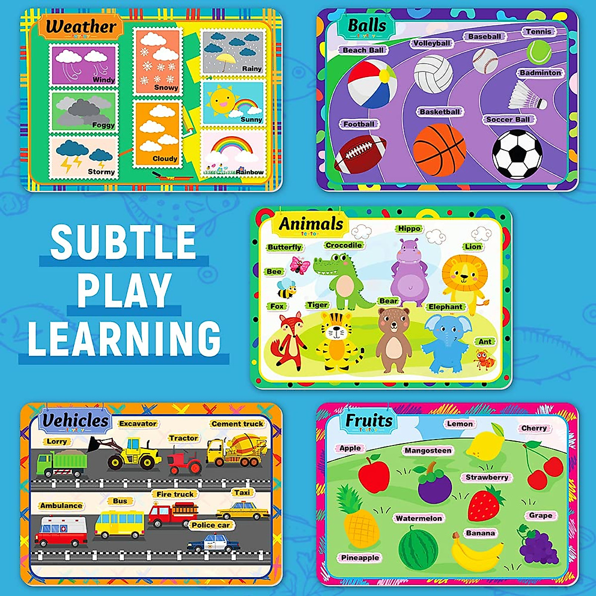 teytoy Kids Placemats Set of 5, Laminated Toddler Educational Learning Table Place Mats, Ball Weather Animal Fruit Vehicle, Children Montessori Eat Mat Non Slip Waterproof Heat Resistant