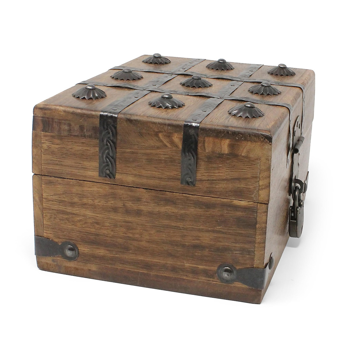Nautical Cove Treasure Chest Wooden Box with Antique Iron Lock and Skeleton Key - Storage and Decor (Small 8 x 6 x 4.5)