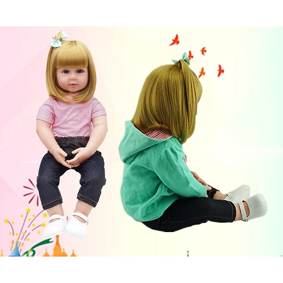 Pedolltree Lovely Handmade Soft Silicone Reborn Toddler Girl Dolls Golden Hair 24 Inch 60cm Realistic Looking Newborn Vinyl Dolls Toddler Toy for Kid Xmas Gift