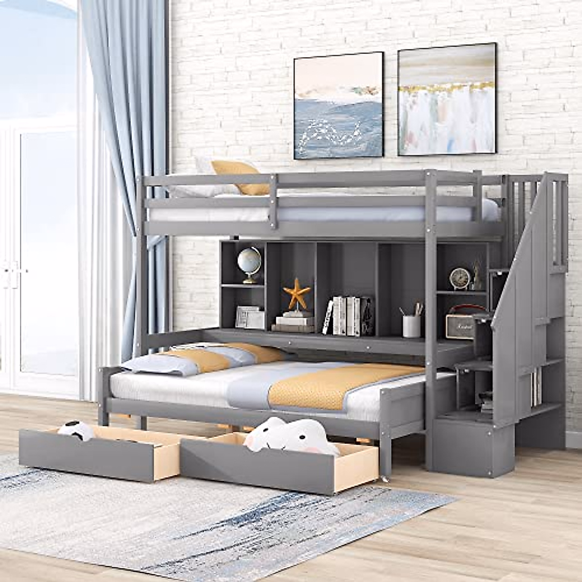 BIADNBZ Twin XL Over Full Bunk Bed with Built-in Bookshelves, Storage Drawers and Staircase, Sturdy Wood Bedframe w/Safety Guard Rail, for Kids Teens Adults,Gray