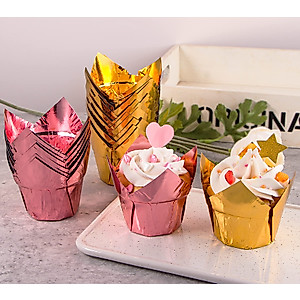Webake Tulip Cupcake Liners, 100pcs Gold Muffin Liners Baking Cups, 3.5 Ounce Disposable Rose Gold Cupcake Cups, Jumbo Aluminum Foil Cupcake Wrappers for Party, Wedding, Birthday, Christmas