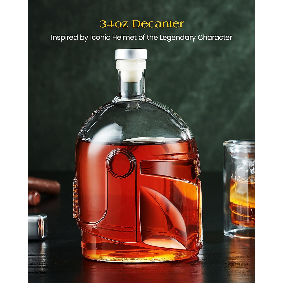 Galaxy Whiskey Decanter Set for Men, 34 Oz Decanter with Two Glasses, Handmade Leadfree Glass Decanter Set with Unique Helmet Design, Gift for Men, Dad, Him, Cool Drinking Accessories for Home Bar