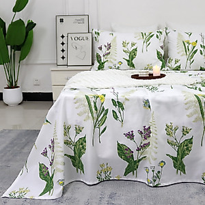 FADFAY California King Size Sheets Set Premium 100% Cotton Green Floral Bed Sheet Botanical Lavender Leaf Daisy White Deep Pocket Fitted Sheet Soft Shabby Sheets Pillowcases Set 4Pcs, Cal King