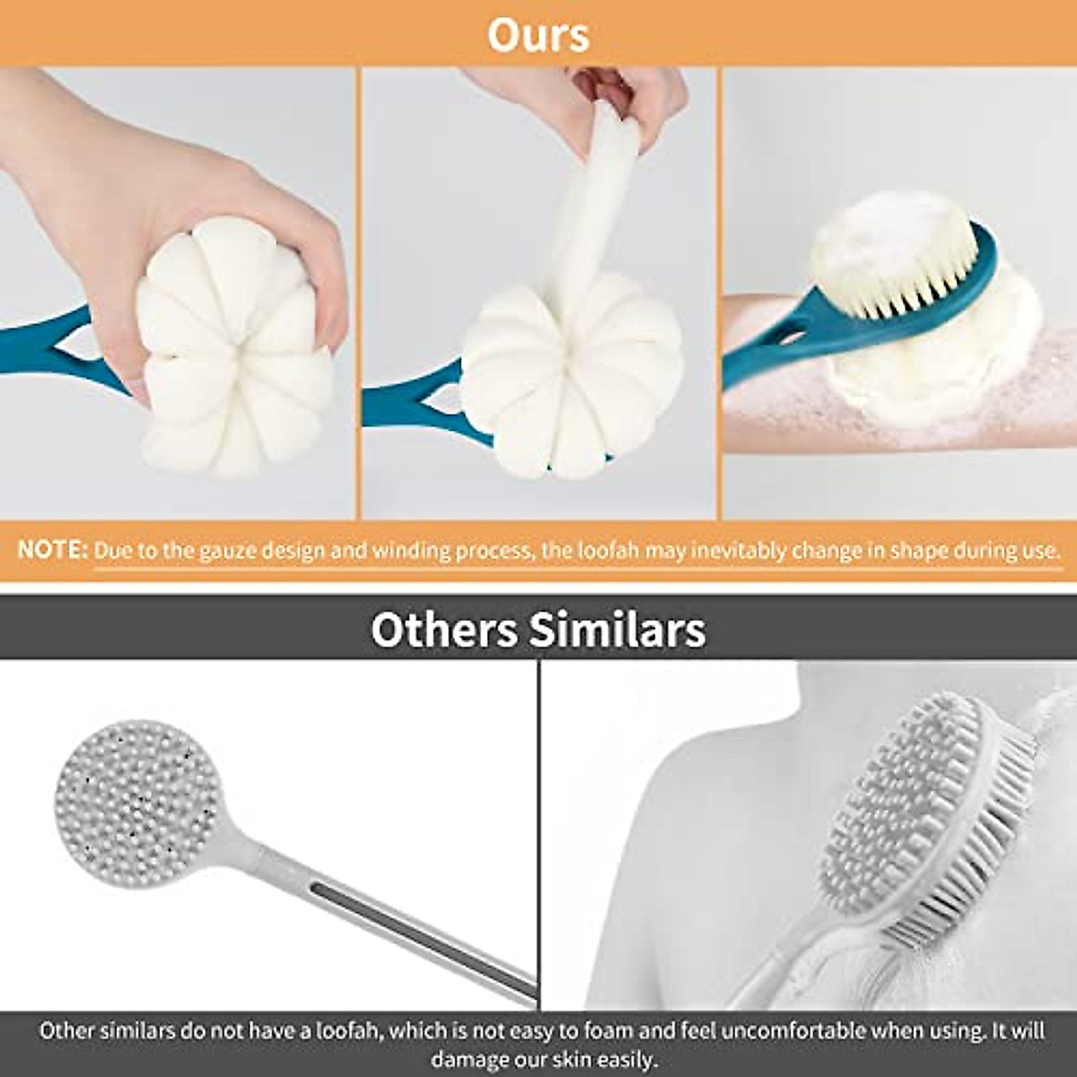 Shower Body Brush with Bristles and Loofah, Frosted Bath Net Sponge with 15 Inch Handle for Skin Exfoliation Shower, Massage Bristles, Wet Or Dry Brushing,Back Brush for Men and Women,Green