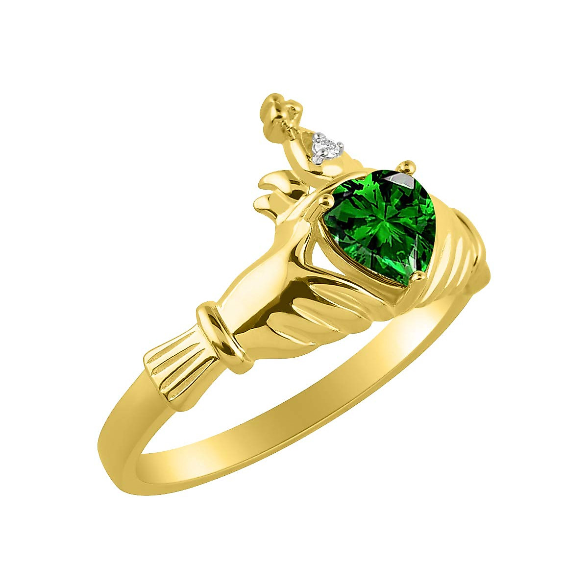 Rylos Rings 14K Gold Plated Silver Claddah Love, Loyalty & Friendship Ring Heart 6MM Gemstone & Diamond Claddagh Rings May Emerald Jewelry Size 7