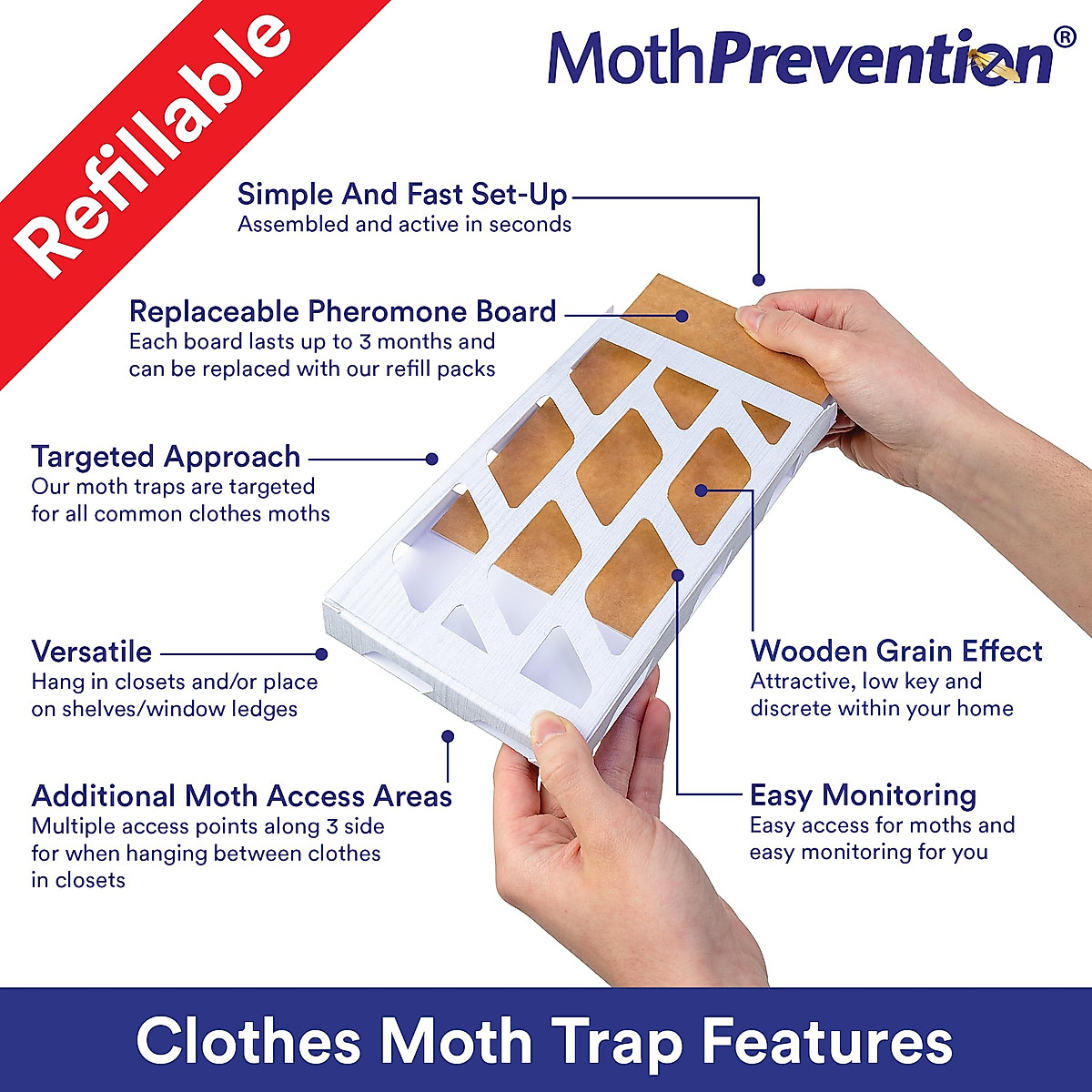 MothPrevention Powerful Clothes Moth Traps only for Clothes Closets Moths | Refillable Clothes Moth Trap | 3-Pack | Odor-Free & Natural Closet Clothing Moth Traps | Moth Pheromone Traps for House