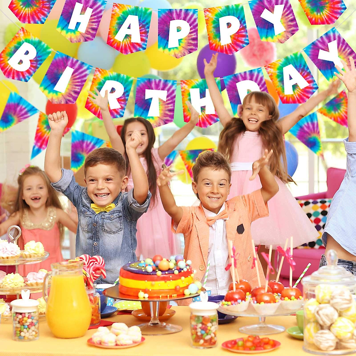 2 Pieces Tie Dye Birthday Party Supplies Happy Birthday Pennant Banner for Tie Dye Party Art Retro 60s 70s Theme Hippie Carnival Baby Shower Birthday Party Decorations