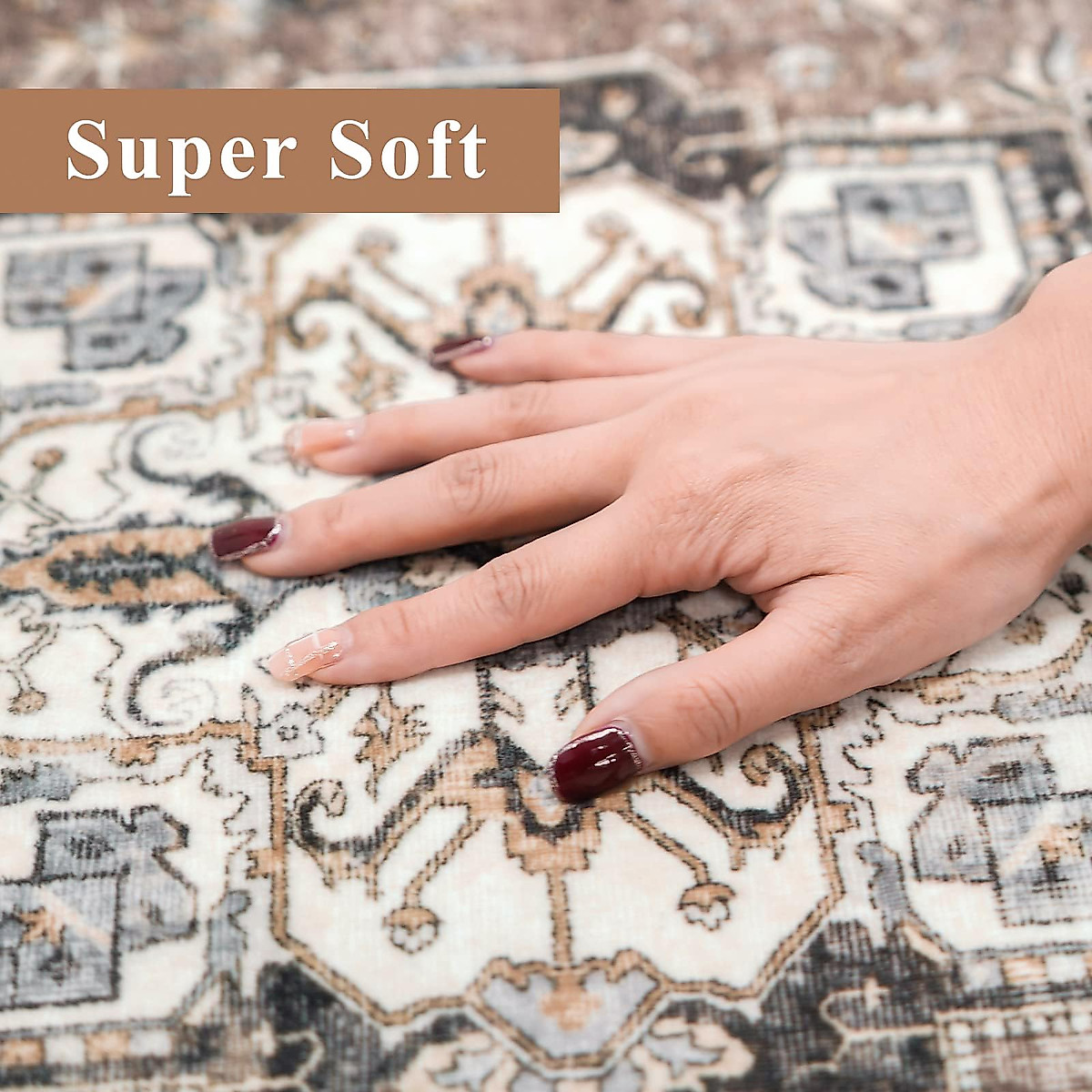 Washable Living Room Runner Rug - 8x10 Large Bedroom Rug Distressed Oriental Non-Slip Non-Shedding Print Floor Carpet for Dining Room Kitchen (Beige, 8 x 10)