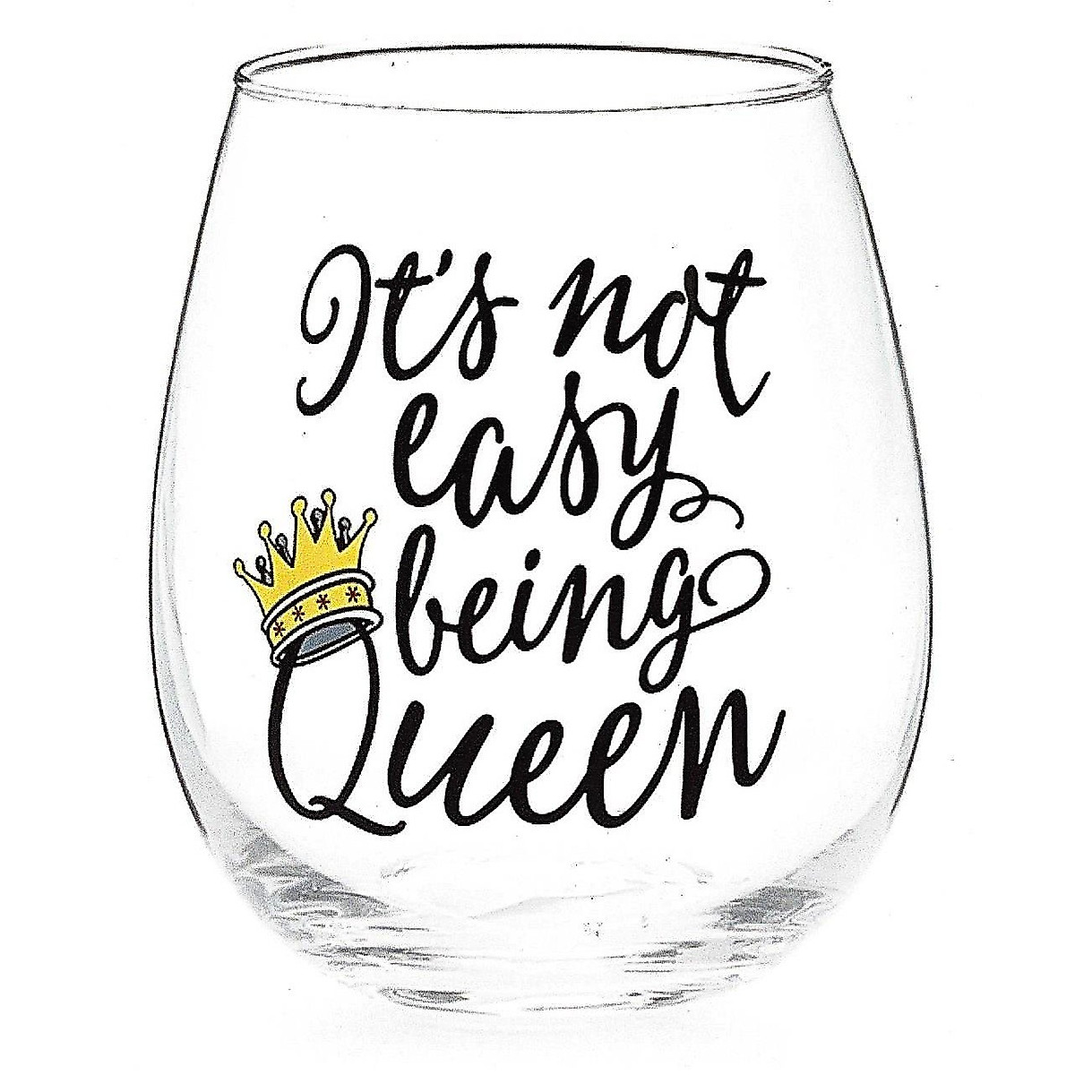 BnB Novelty Stemless Wine Glass Its Not Easy Being Queen Funny Gift 16 ounce Clear Glass with Black Script and Gold Crown in Acetate Box with Black Satin Bow, 1 per order