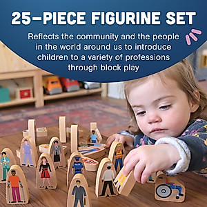 Constructive Playthings Wooden Community Helpers 25-Piece Wood Block Play Figurine Set, Freestanding Inclusive and Diverse Wood Toy Figures for Kids Ages 3+