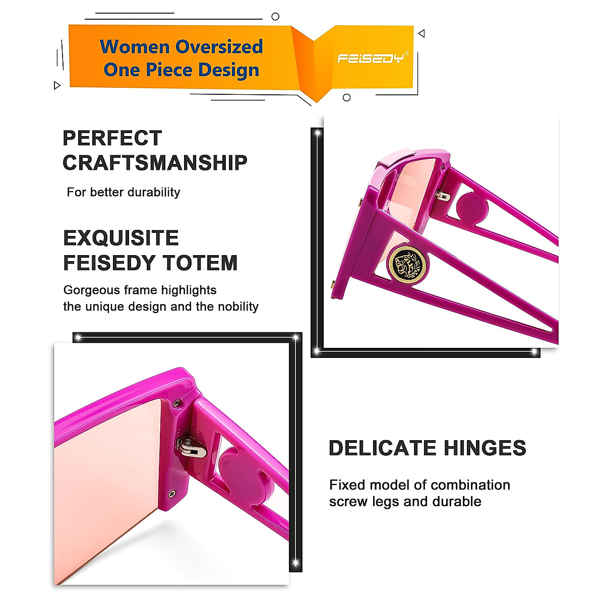 FEISEDY sunglasses womens, Big Fashion Pink Flat Top Shield Shades B4060