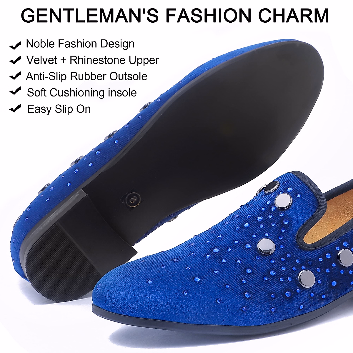 XQWFH Mens Velvet Rhinestone Designer Dress Loafers for Wedding Party Penny Slip-On Glitter Fashion Tuxedo Shoes (Blue)