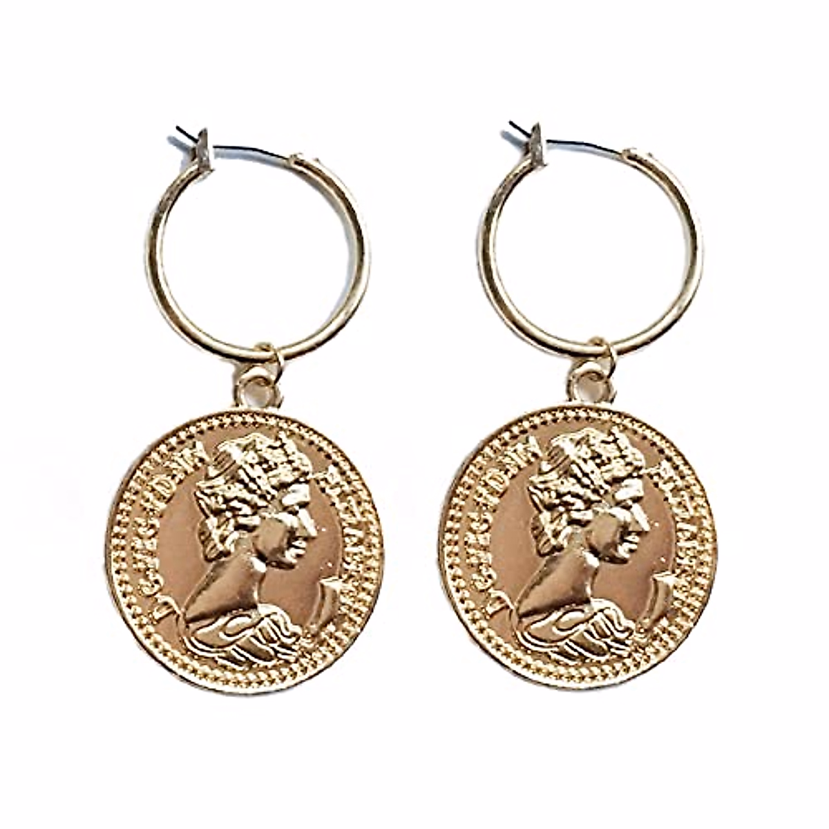 Doubnine Coin Hoops Earrings Medallion Greek Goddess Portrait Gold Dainty Tiny Disc Dangle Women Fashion Jewelry