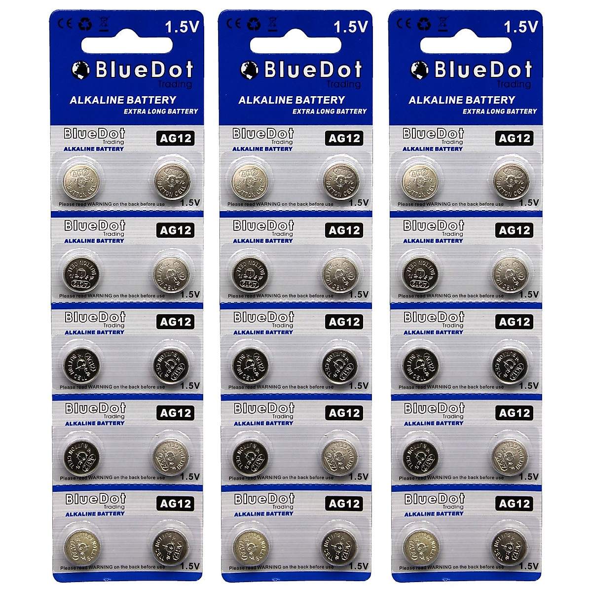 BlueDot Trading AG12 LR43 SR43 260 386 1.5V Alkaline Coin Cell Battery for Watch, Hearing Aid, Calculator, Flashlights, Keyless entry, Blister Pack - 30 Count