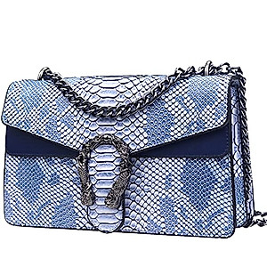 GLOD JORLEE Stylish Chain Satchel Handbags For Women - Luxury Snake-Printed Leather Shoulder Crossbody Bag Evening Clutch Tote Purse (blue)