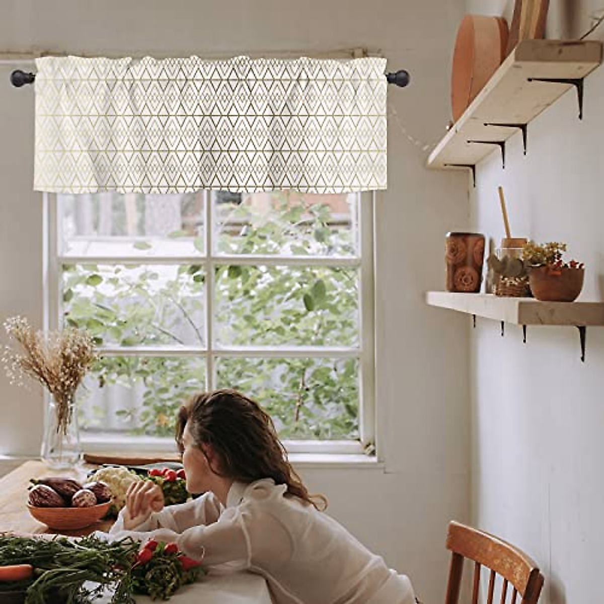 JasmineM Valances Curtains for Windows White Gold Line Rod Pocket Kitchen Valance Scarf for Living Room Geometric Short Window Treatment Drapes Curtain for Bedroom 42x12in