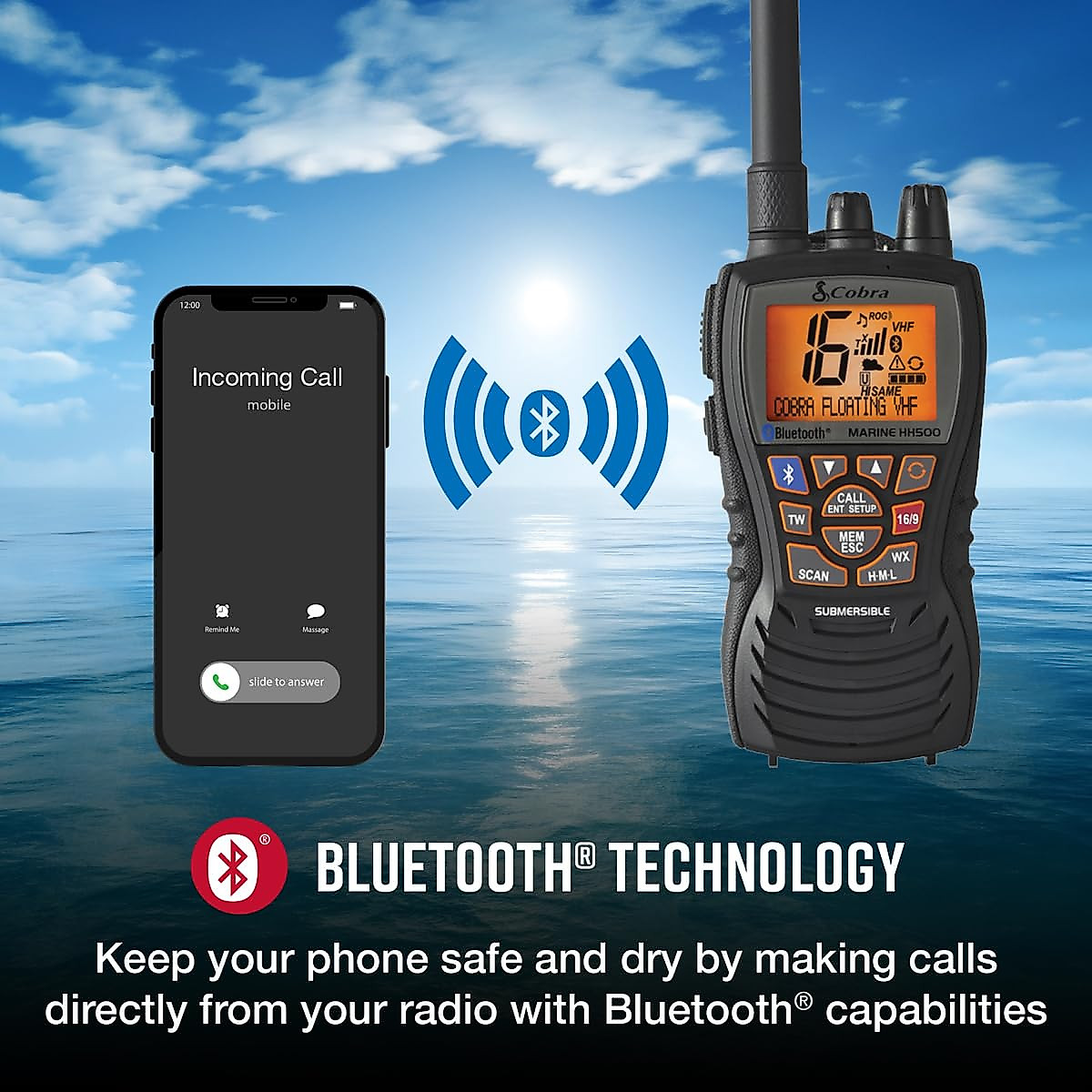 Cobra MR HH500 FLT BT Handheld Floating VHF Radio – 6 Watt, Bluetooth, Submersible, Noise Cancelling Mic, Backlit LCD Display, Floating and Waterproof Design (IP67 rating), Memory Scan, Black