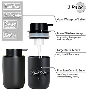 BosilunLife Foaming Soap Dispenser Set - Black Ceramic Foam Hand Soap Dispenser 12oz Set with Rust Proof Pump, 4Pcs Clear Stickers for Kitchen, Bathroom - 2 Pack