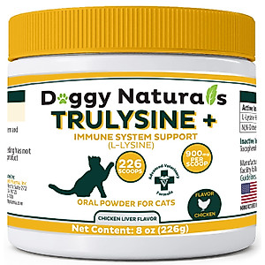Trulysine Plus L-Lysine for Cats Immune Support Oral Powder 8oz/226g - Cats & Kittens of All Age, Sneezing, Runny Nose Squinting, Watery Eyes Chicken Liver Flavor (U.S.A)(226 Grams (900mg / Scoop))