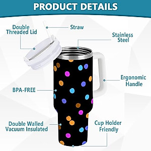 ODAWA Large Polka Dot Insulated Cup with Handle and Straw, Double Insulated Tumbler Insulated Travel Tumbler