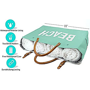 Keho Fashion Beach Bag (Cute Travel Tote), Large and Roomy, Waterproof Lining, Multiple Pockets (Green Canvas)