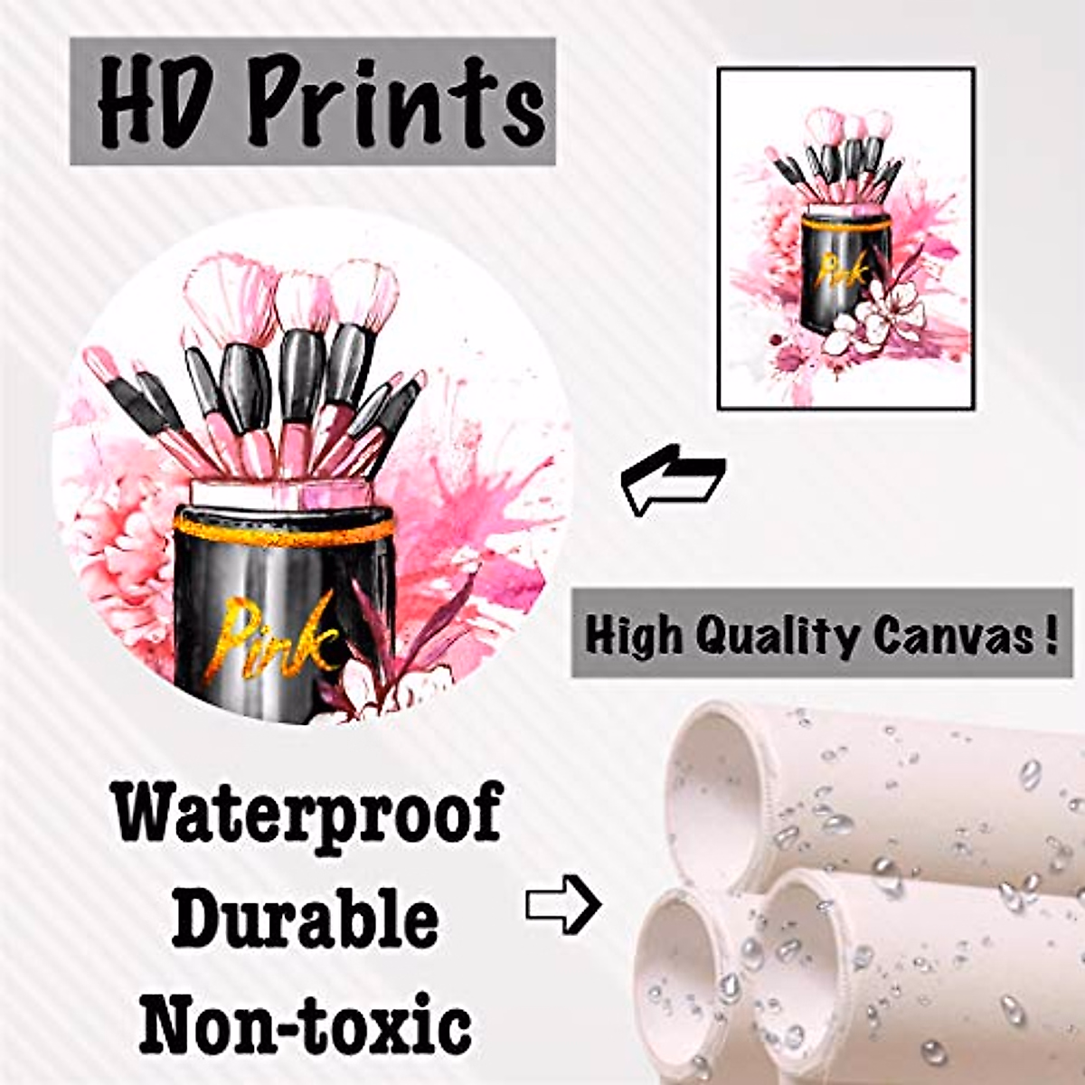 Women Fashion Canvas Wall Art ,Pink Bedroom Wall Decor, Perfume Modern Art Posters，Fashion High Heels, Makeup Brush, , Girls Room Decor, Black and Pink Fashion Poster