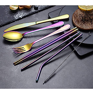 HOMQUEN Portable Utensils,Travel Camping Flatware Set,Stainless Steel Silverware Set,Include Knive/Fork/Spoon/Chopsticks/Straws/Brush/Portable Case(Colorful-8 Piece)