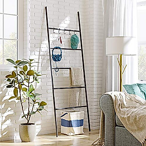 HOOBRO Towel Rack, Blanket Ladder, 5-Tier Ladder Shelf, Decorative Wall Leaning Ladder Rack, 22.8" Wide Holder, 5 Hooks, Blanket Holder, Display Rack for Bathroom, Black BK62CJ01G1