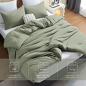 CozyLux Olive Green Comforter Set Full Size, 3 Pieces Solid Breathable Quilted Style Bedding Sets, Luxury Fluffy Soft Microfiber Comforter for All Season(1 Comforter & 2 Pillowcases)