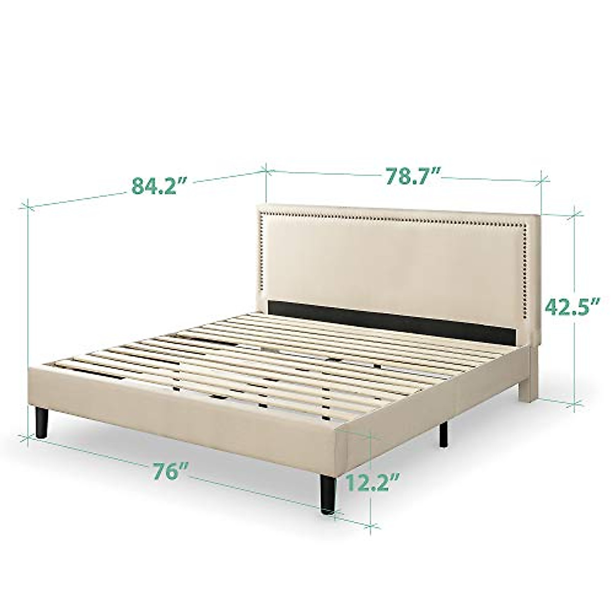 ZINUS Julio Upholstered Platform Bed Frame, Mattress Foundation, Nailhead Platform Bed Frame, Wood Slat Support, No Box Spring Needed, Easy Assembly, King