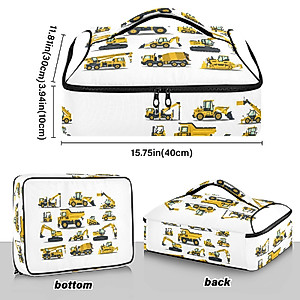 Yellow Construction Excavators, Tractors, Bulldozers, Trucks Reusable Insulated Pizza Bag, Waterproof Food Delivery Bag, with Handle Lid Leakproof Pizza Holder Tote for Hot or Cold Food