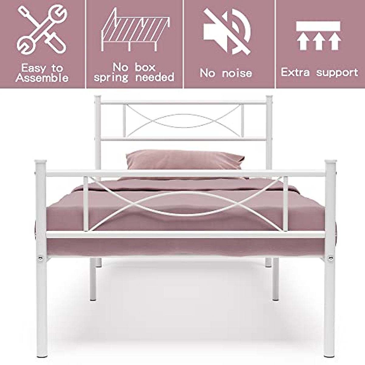 Weehom Twin Bed Frames No Box Spring Needed Easy Assembly Metal Platform Twin Bed Frame with Headboard & 12.7inch Underbed Storage White