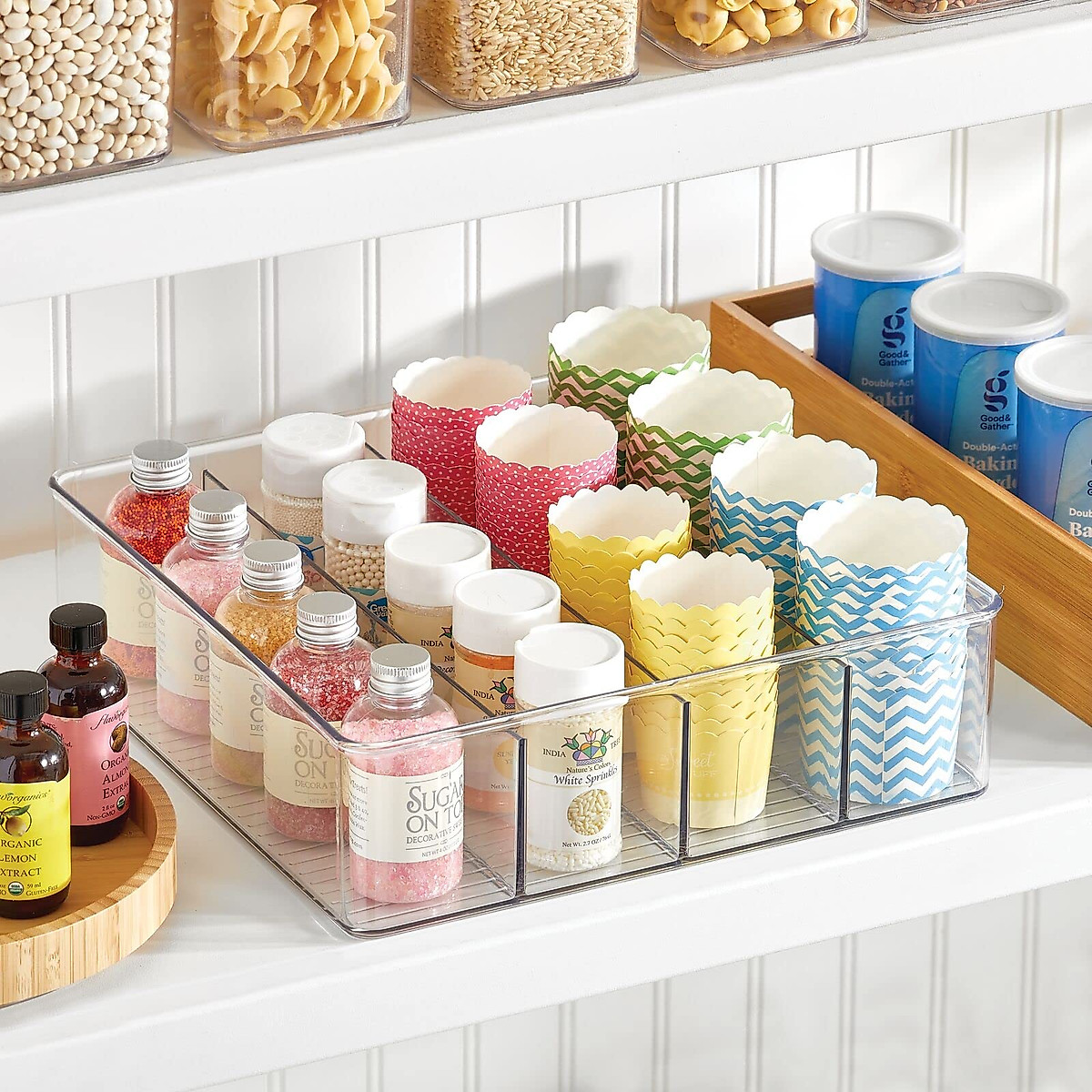 mDesign Plastic Stackable Tea Bag Storage Organizer Bin with 4 Divided Compartments - Holder for Kitchen Cabinet, Pantry, Countertop - Holds Sugar Packets, Coffee Pods, Ligne Collection, 2 Pack- Clear