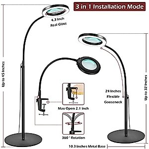 Veemagni 5X Stand Magnifying Glass with Light, 24" Flexible Gooseneck 5 Color Modes Stepless Dimmable Magnifying Floor Lamp, 3-in-1 Adjustable Lighted Magnifier Hands Free for Close Work, Esthetican
